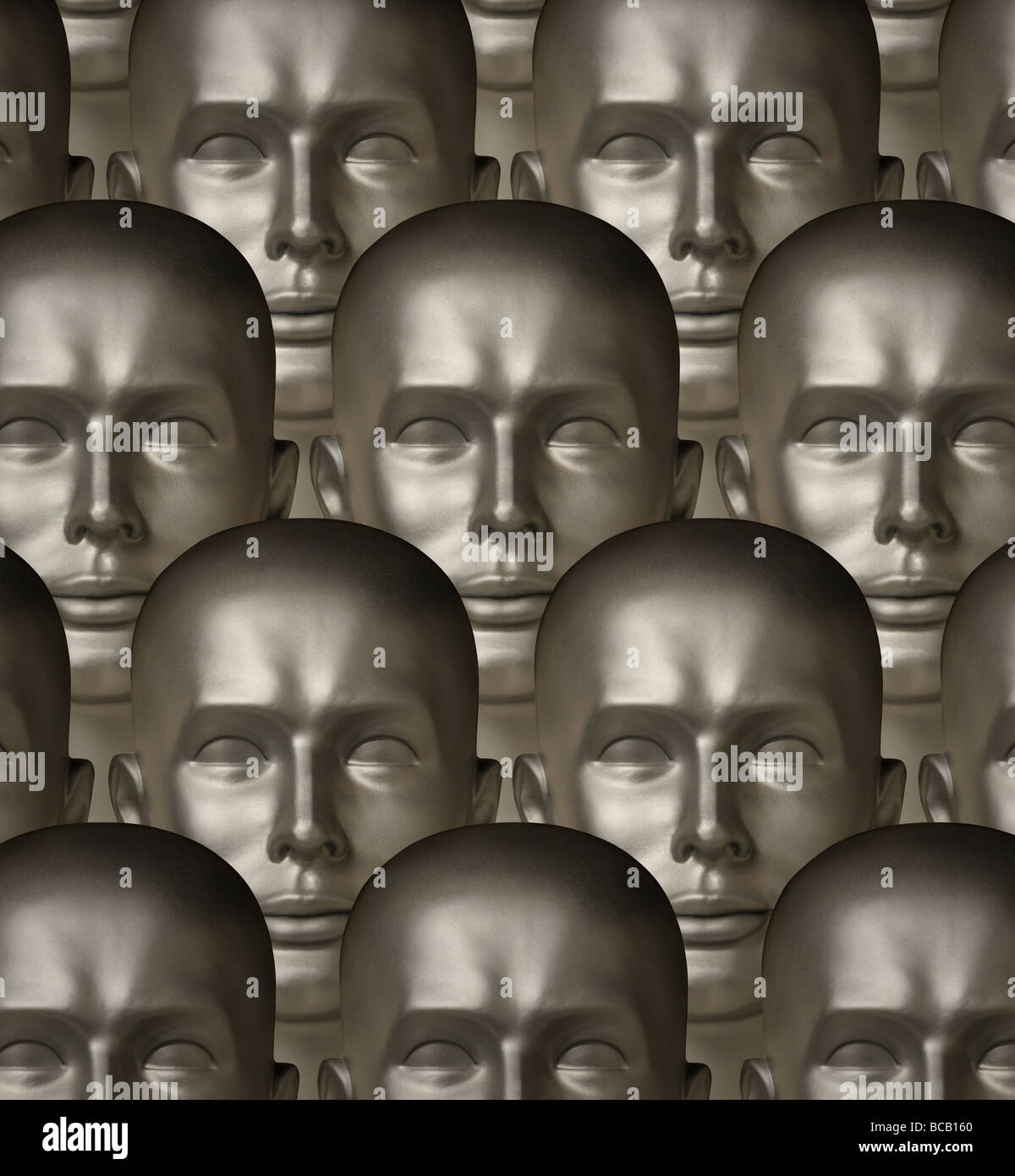 Rows of metallic robot android heads Stock Photo - Alamy