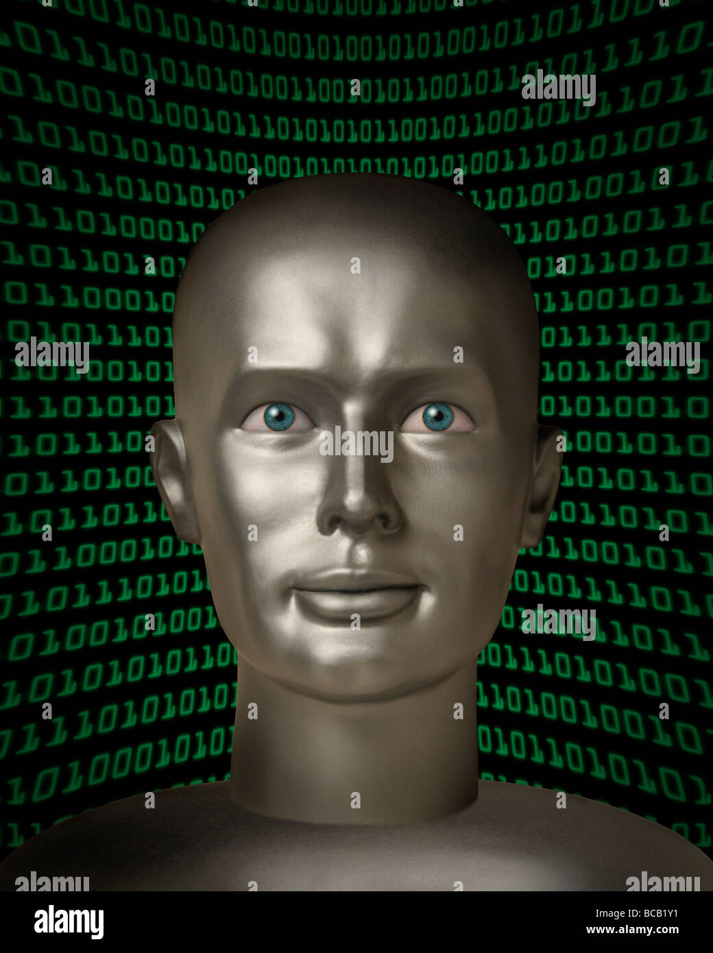 Head of a robotic android with human eyes in front of a field of binary ...