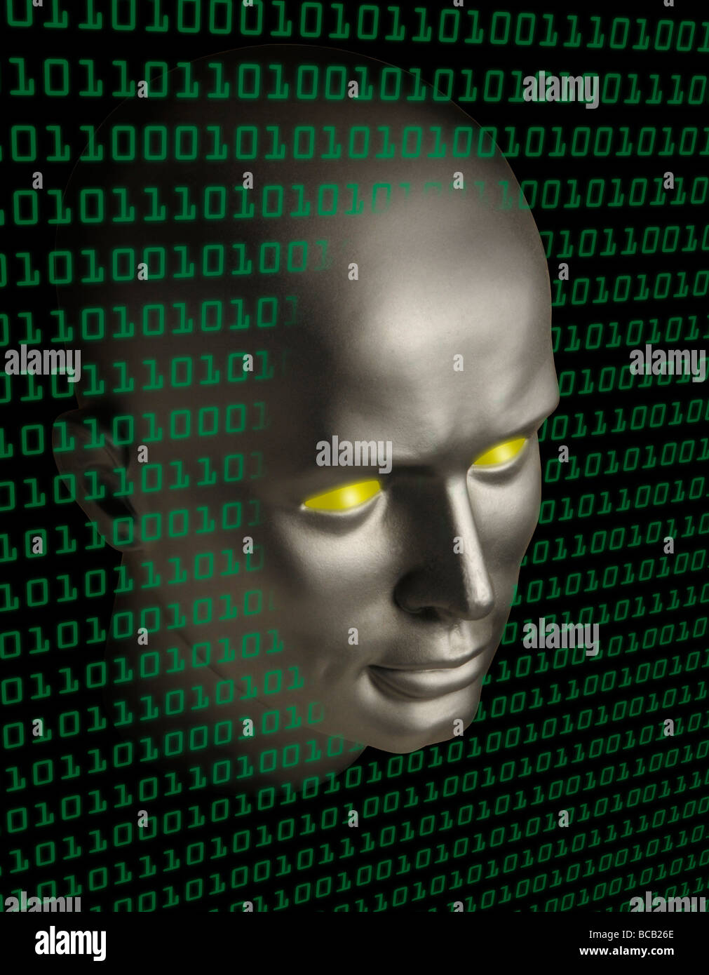A robot android face with yellow eyes penetrating a wall of binary code ...