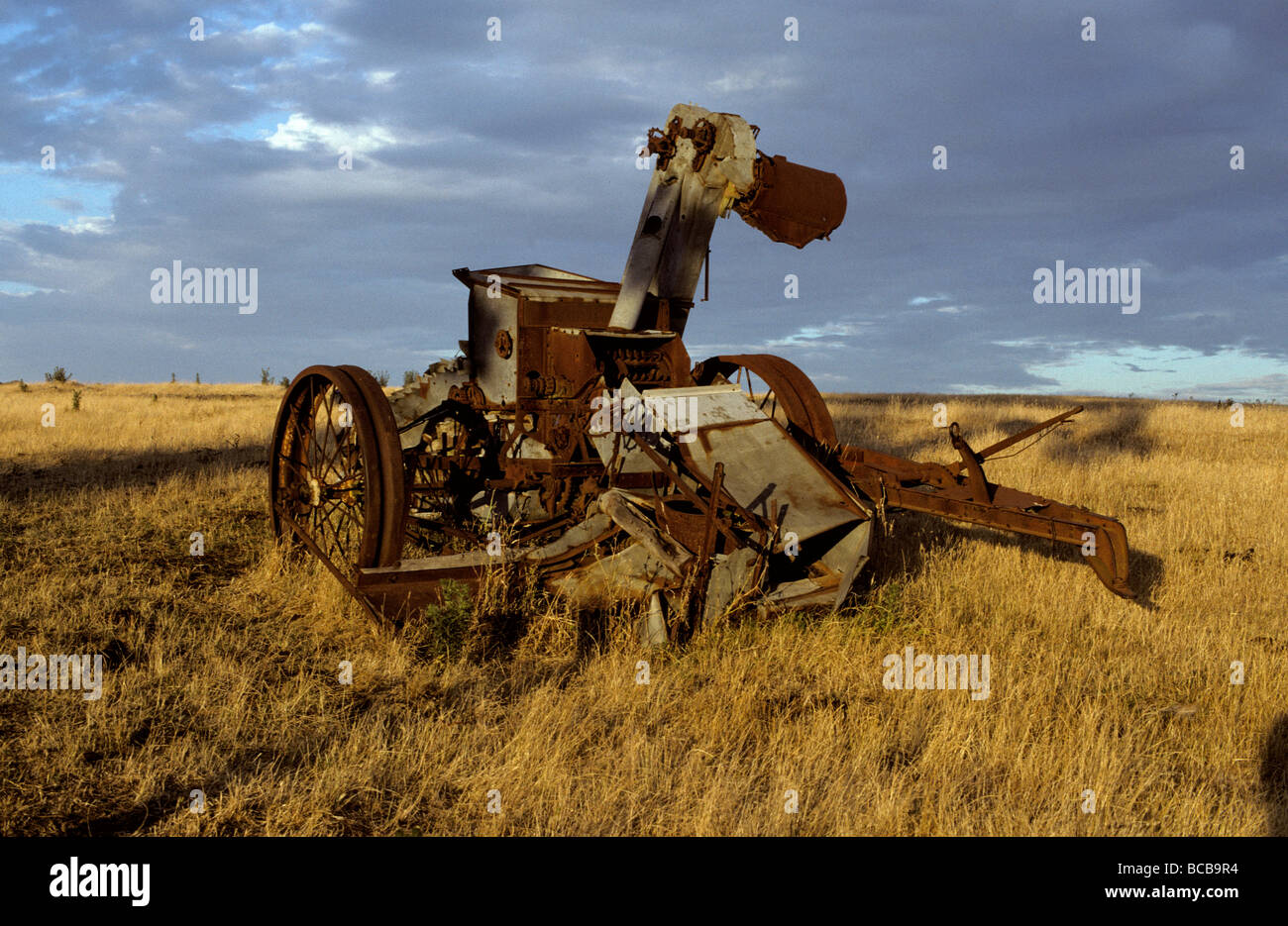 Discarded antique farm harvester machinery rusting in a field at dawn ...