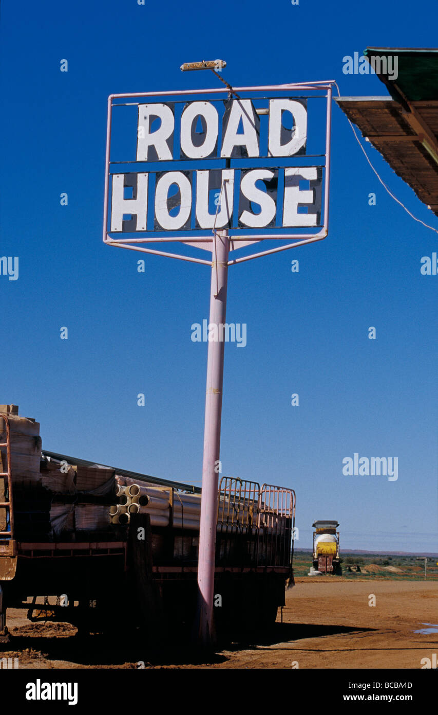 A pink Roadhouse sign in an isolated outback settlement town Stock ...