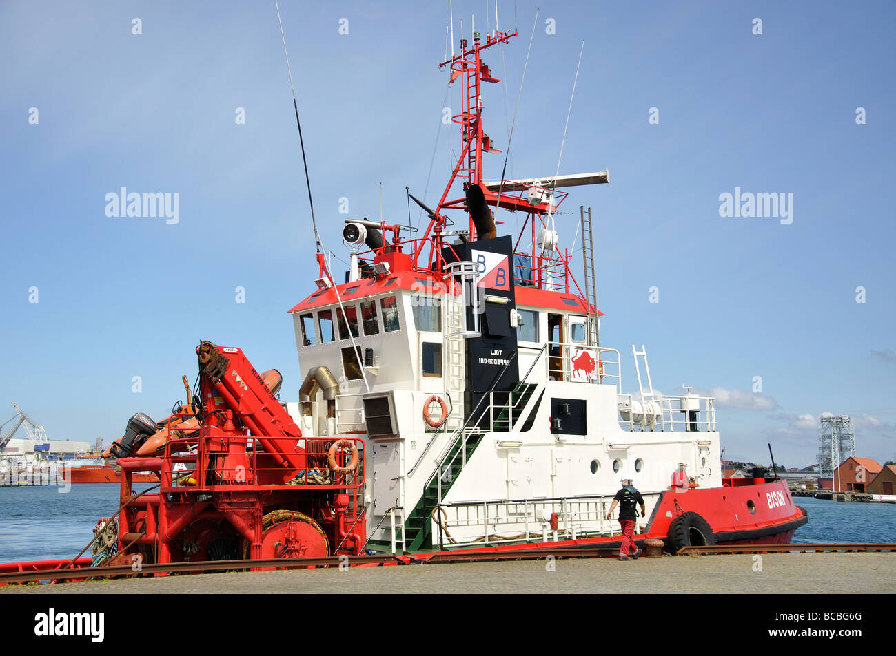 Tugboat berthed in harbour, Stavanger Harbour, Skagenkaien, Stavanger ...