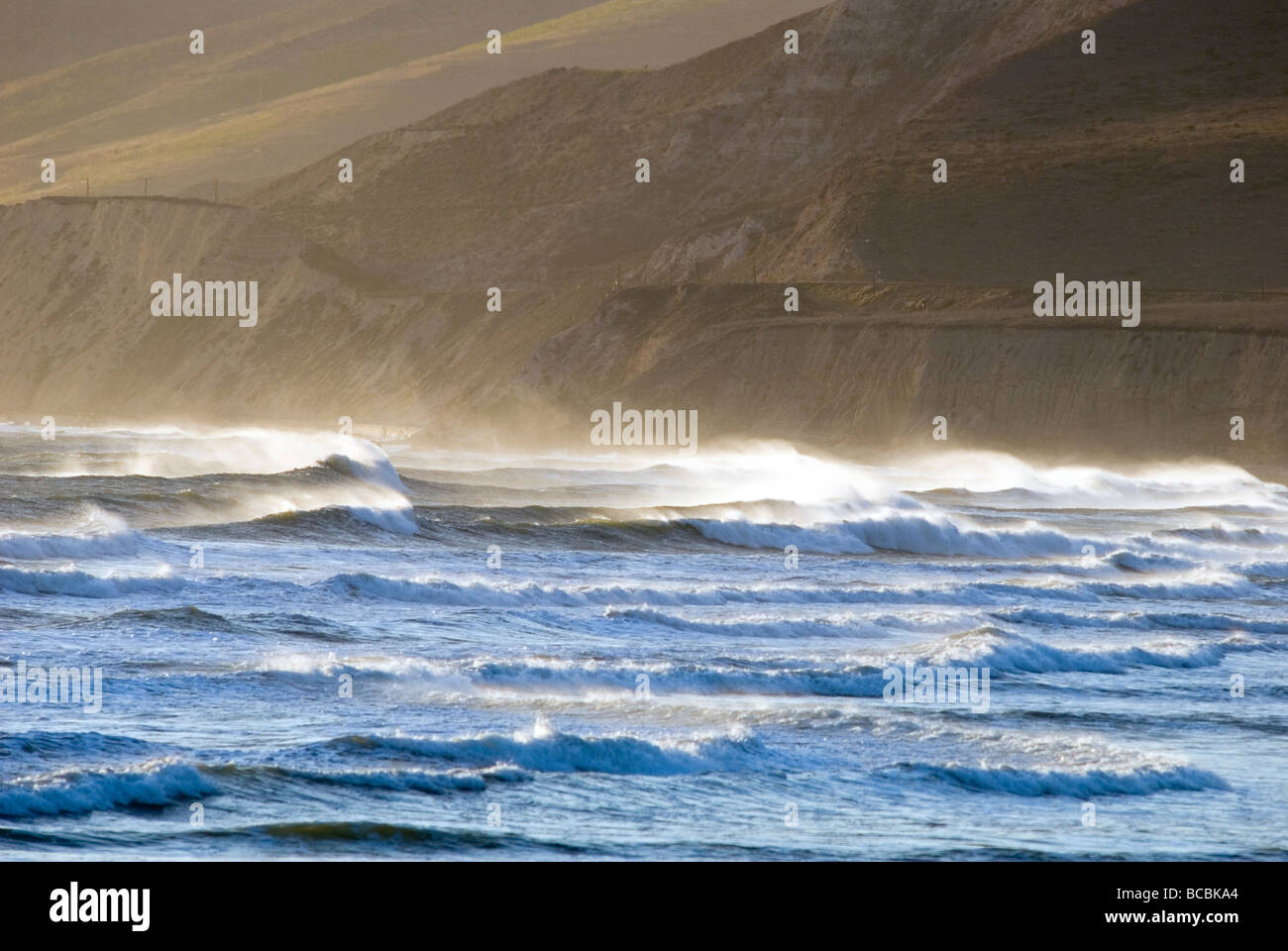 Heavy winds blowing the waves into mist off the Pacific Ocean Stock ...