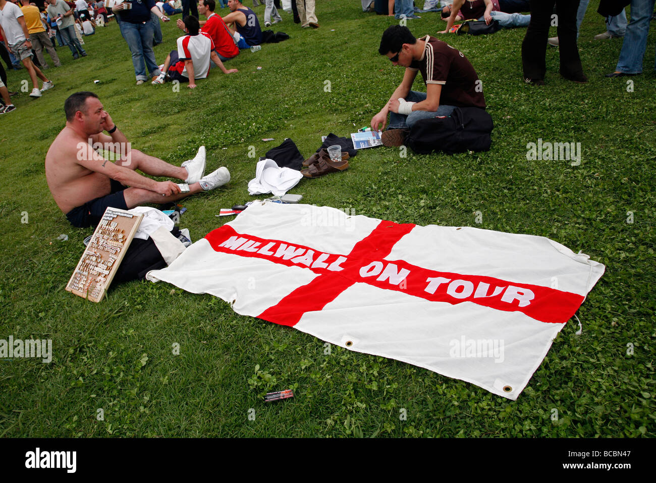 English football fans in a park in Tel Aviv the day before an important ...