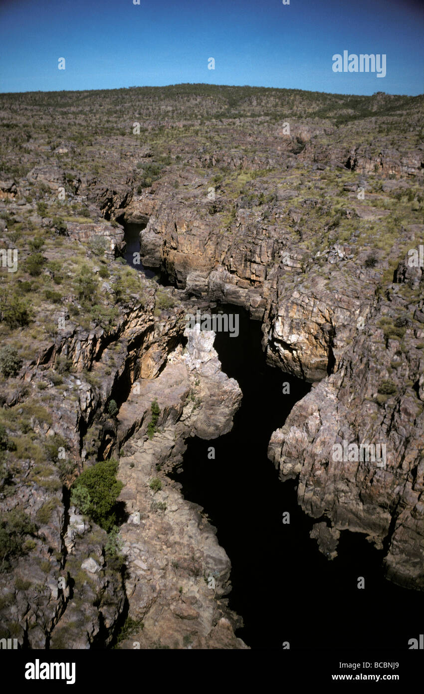An aerial view of an arid rugged desert canyon gorge in the Top End ...