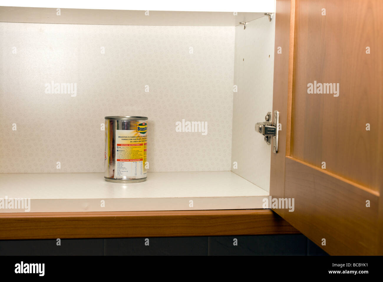 A tin of baked beans in an empty cupboard Stock Photo - Alamy