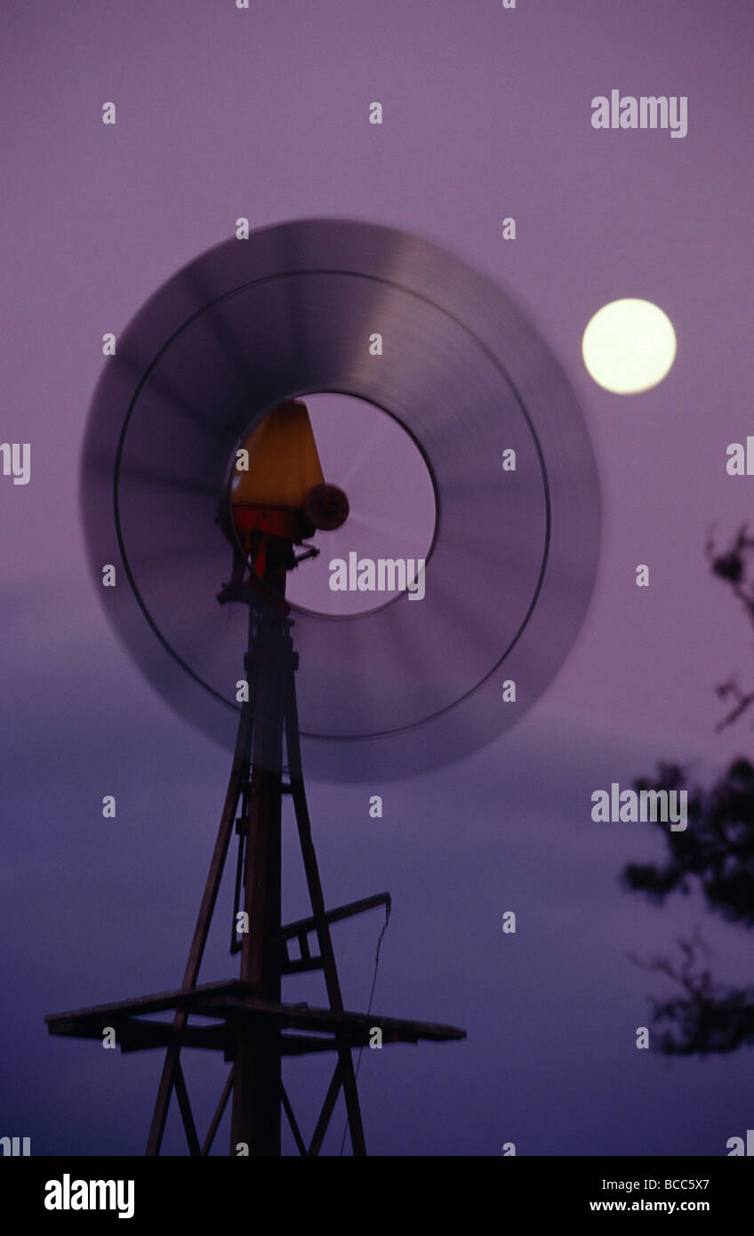 A rotating Windmill and a full moon in the purple sunset afterglow ...