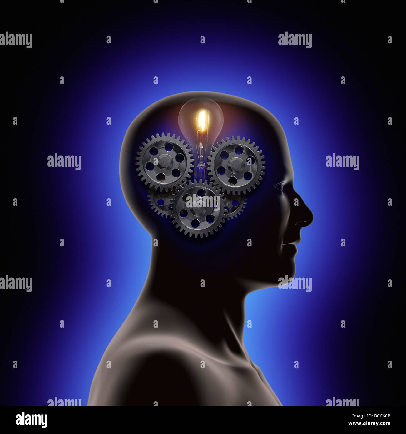 profile of a man with gears and a light bulb inside his head Stock ...
