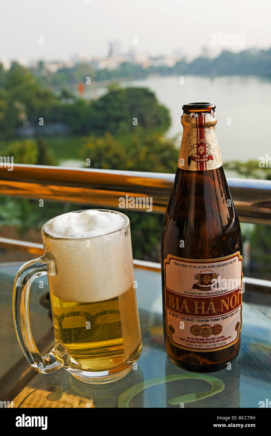Cold Hanoi beer and a view of Hoan Kiem Lake in Hanoi, Vietnam Stock ...