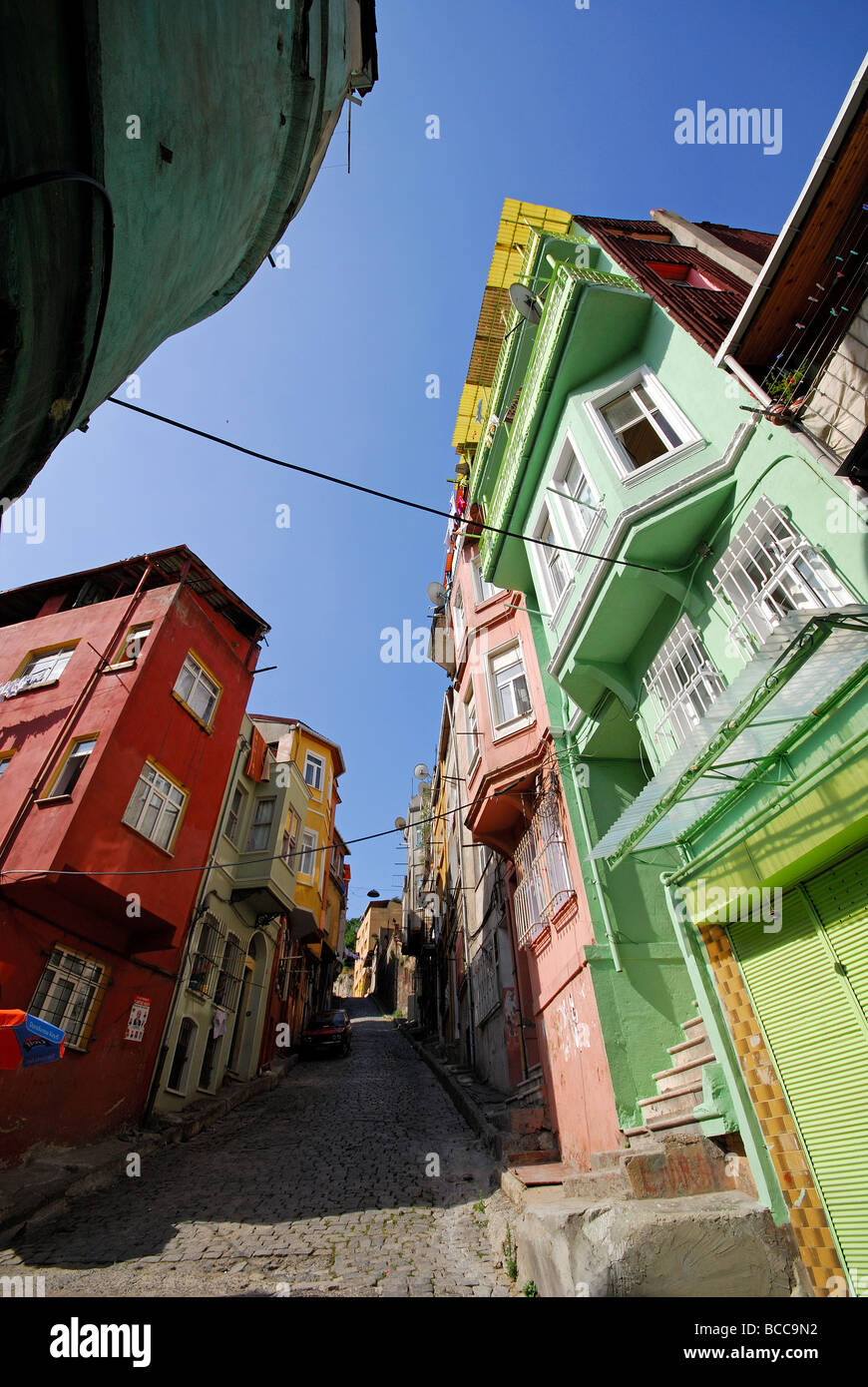 ISTANBUL, TURKEY. Colourful houses on a street in the old Jewish ...