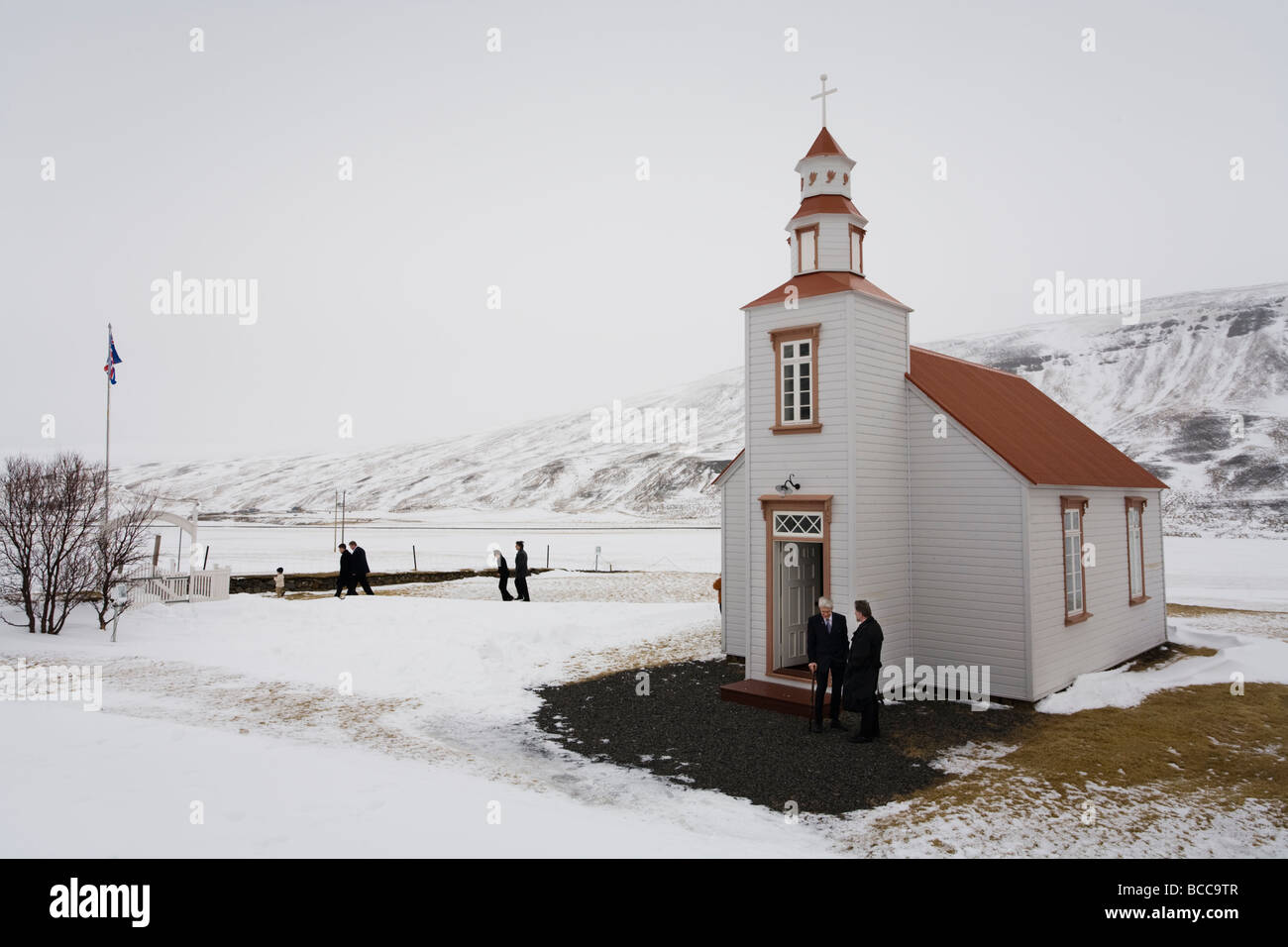 People leaving mass on Easter sunday. Goddalakirkja church Skagafjordur ...