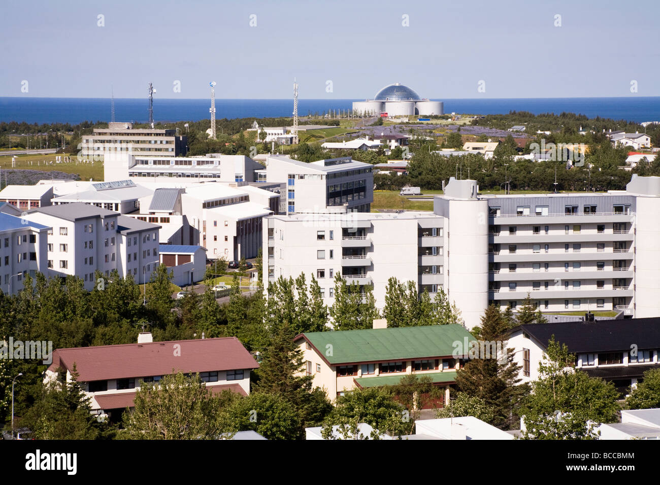 Overview of Reykjavik, Iceland. Famous "Perlan" restaurant (top center ...