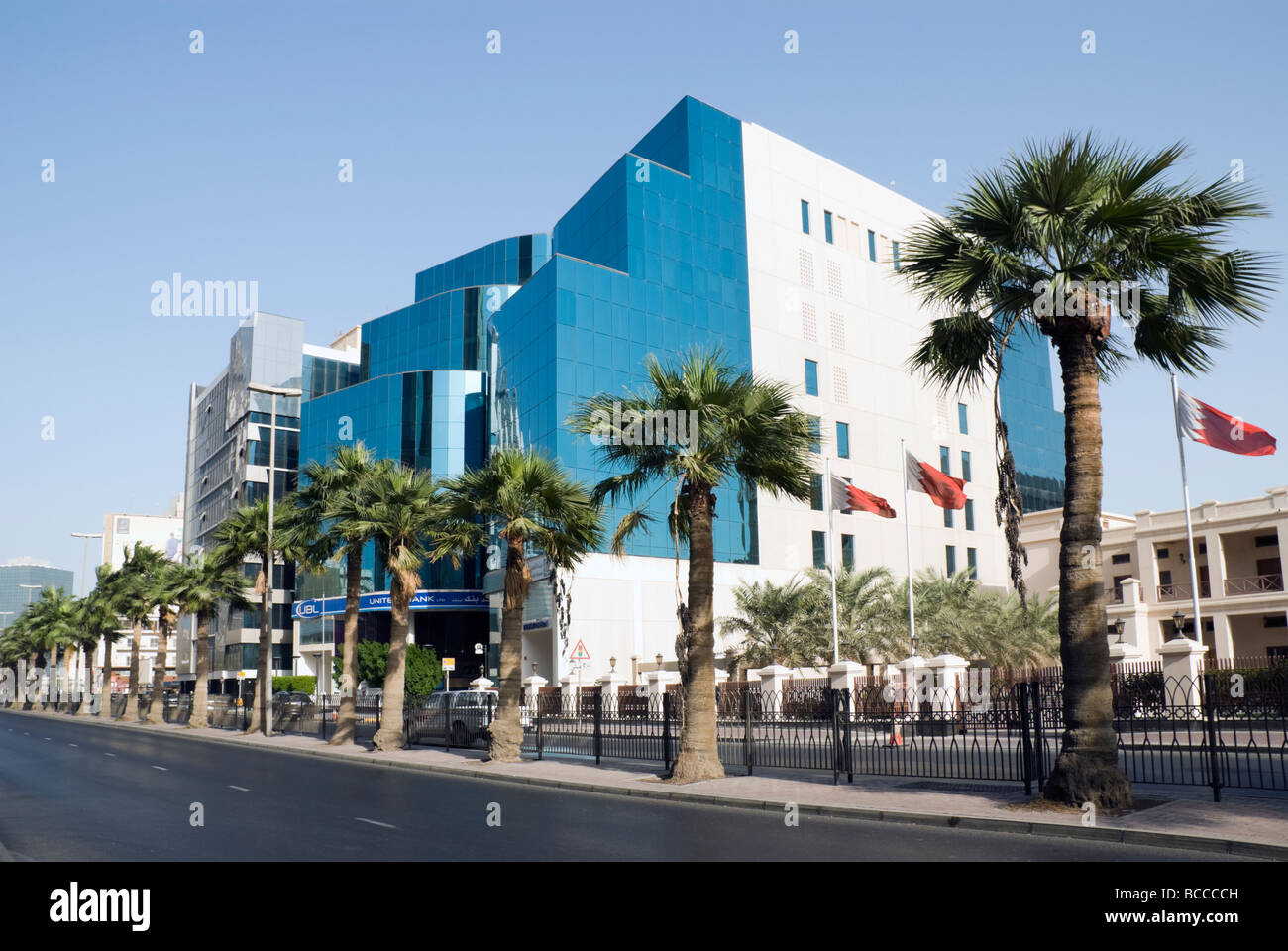 Street with trade and office buildings in Manama, Kingdom of Bahrain ...