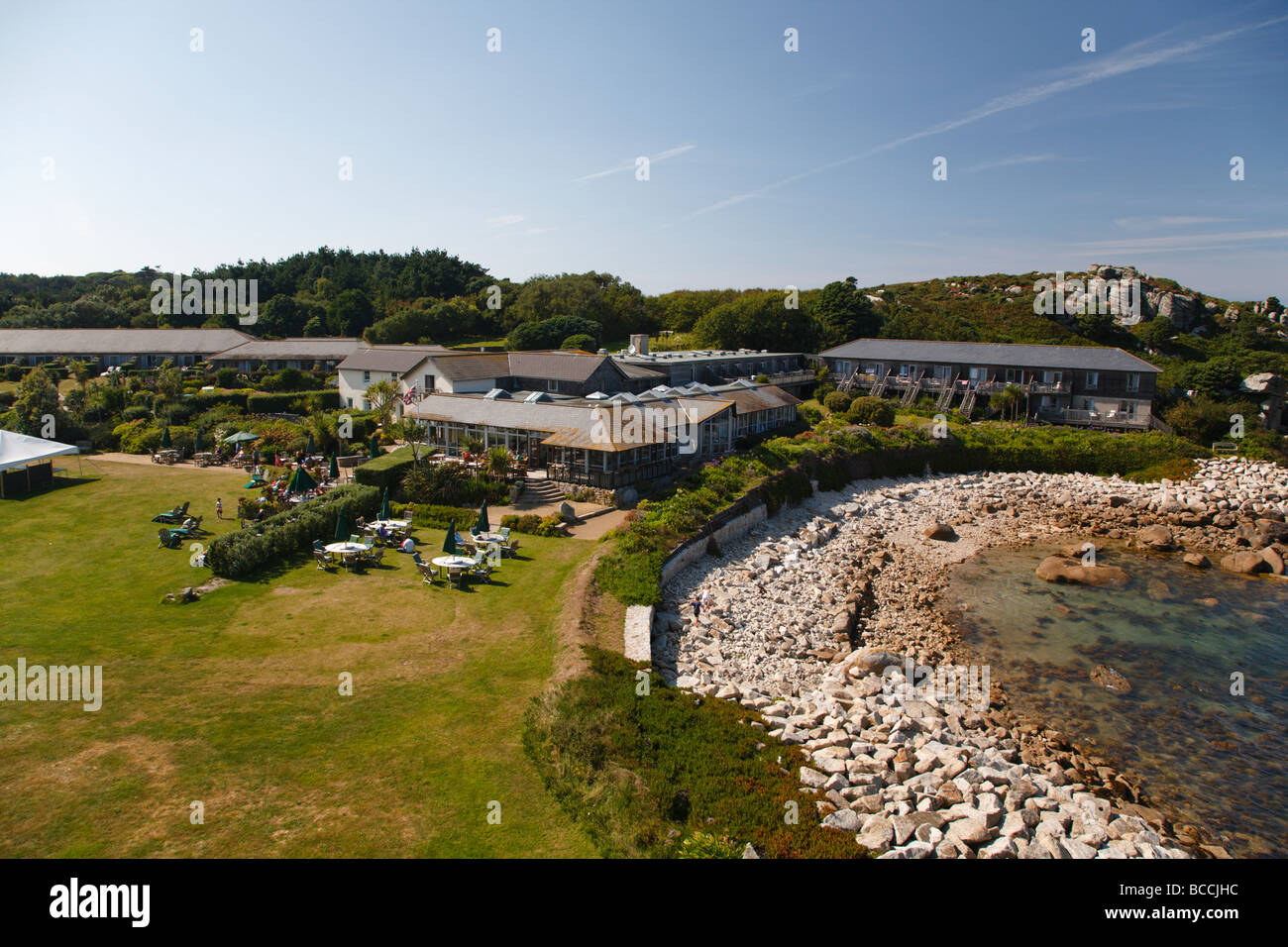 Tresco Island Hotel view from above Stock Photo - Alamy