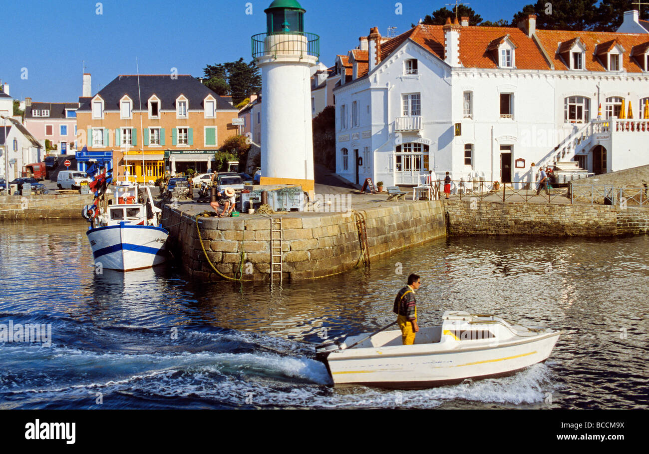 France, Morbihan, Belle Ile, Sauzon, harbour and lighthouse Stock Photo ...