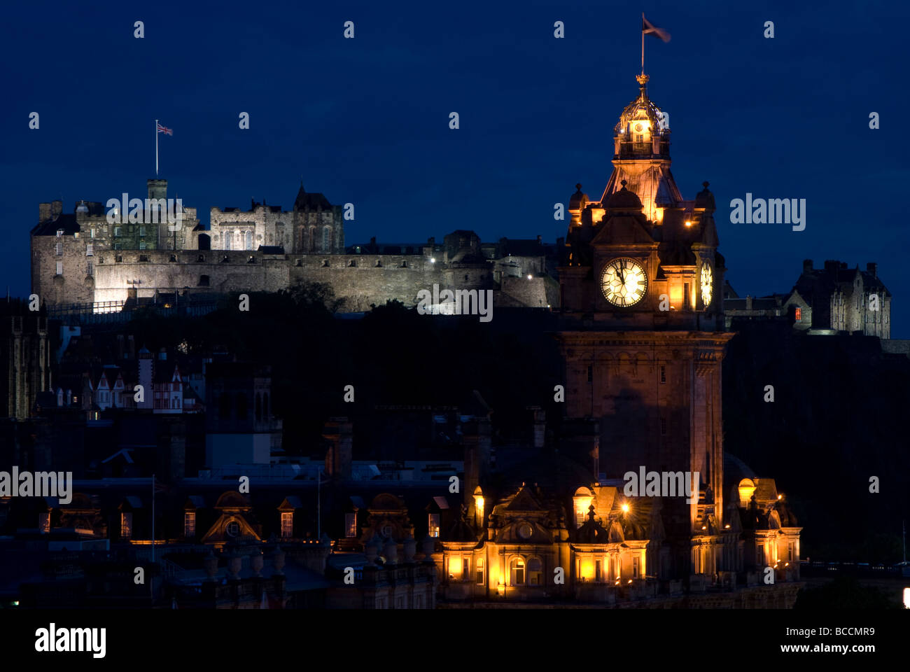 Edinburgh City Centre at night - the Balmoral Hotel clock with the ...