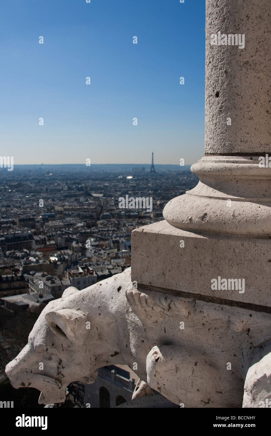A view of the Eiffel Tower and a gargoyle in the foreground from Dome ...