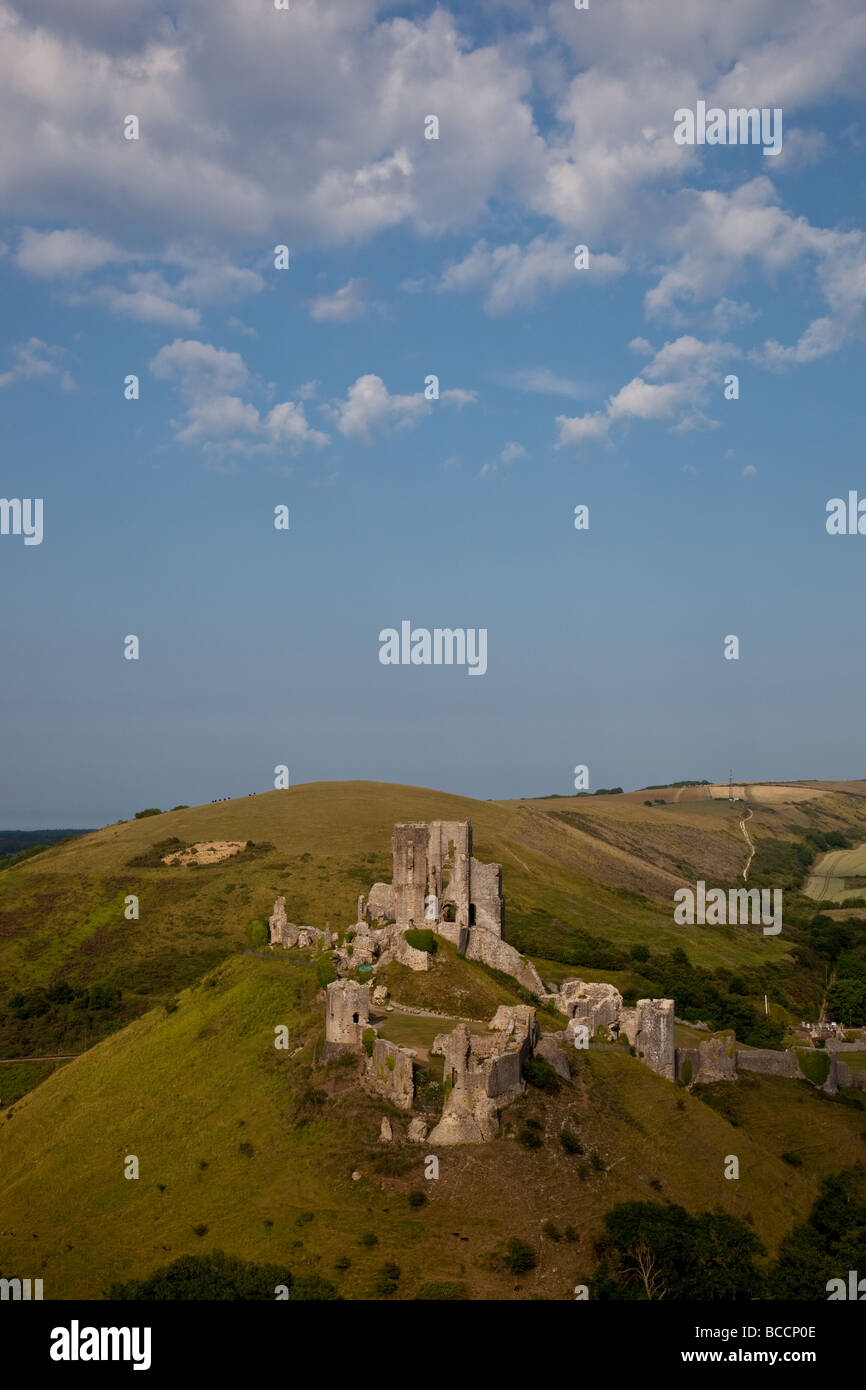 Corfe Castle as seen from the Purbeck Way footpath on the Purbeck Hills ...