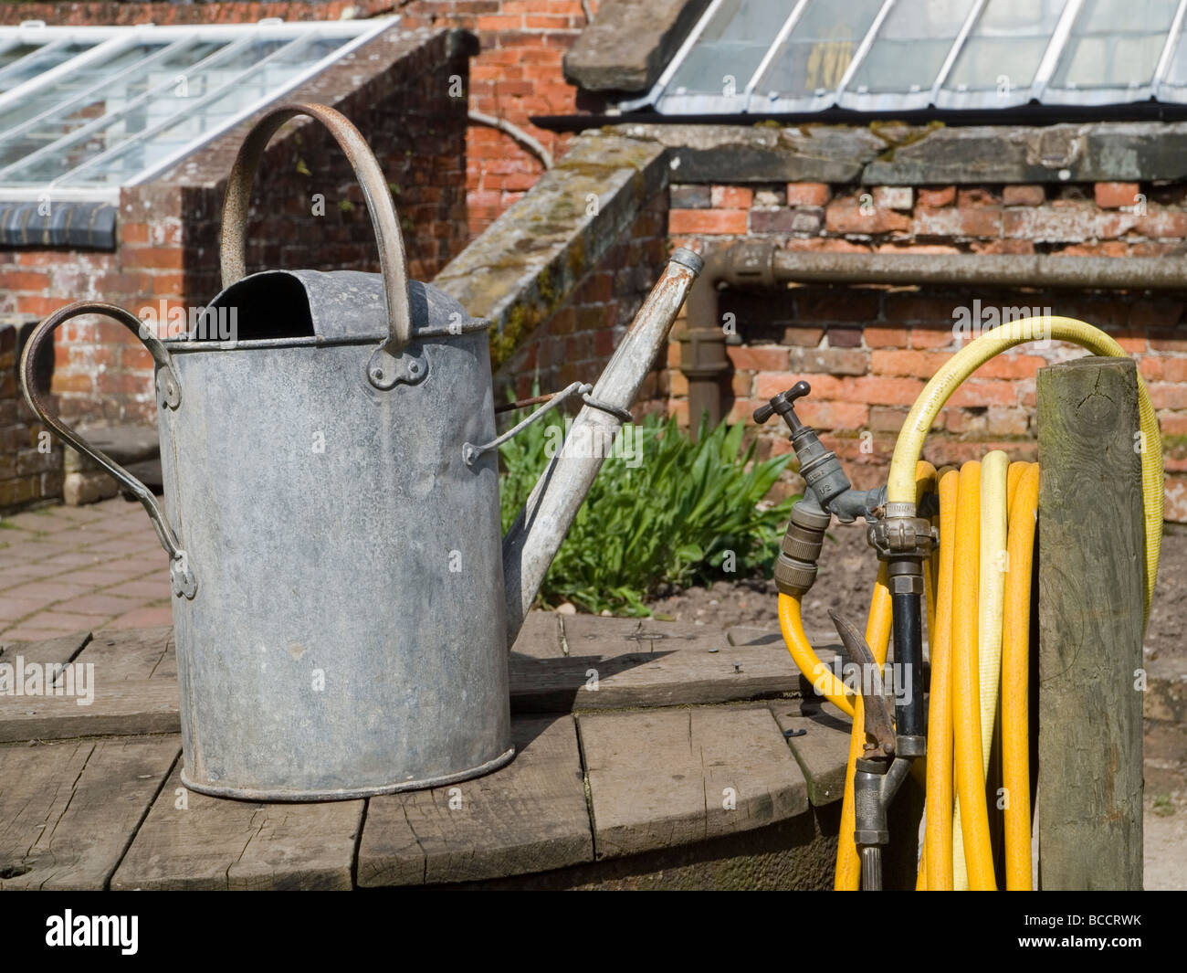 An old metal watering can and garden hose, England UK Stock Photo - Alamy
