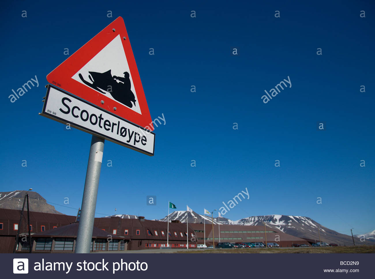 Snowmobile Crossing Sign, Longyearbyen, Svalbard, Norway Stock Photo ...