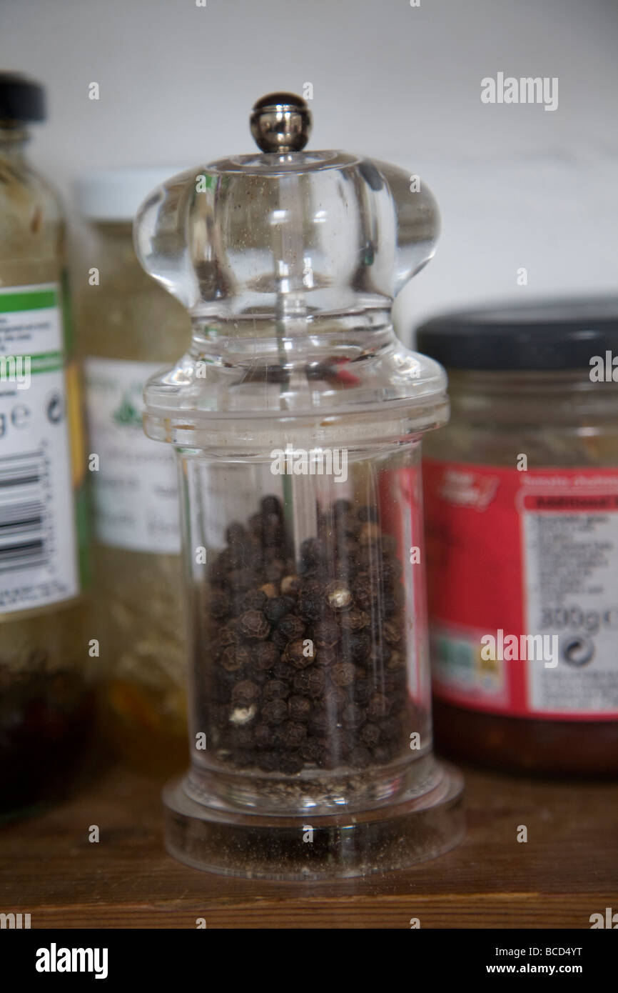 Pepper pot grinder on kitchen shelf Stock Photo - Alamy
