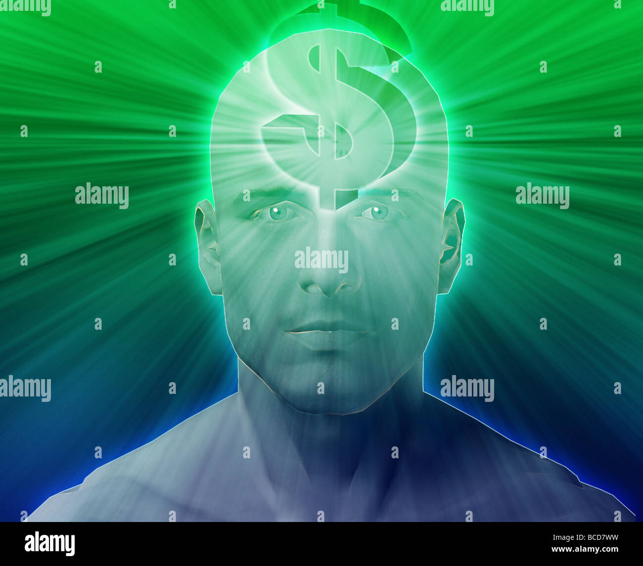 Man thinking about money dollars floating over head Stock Photo - Alamy