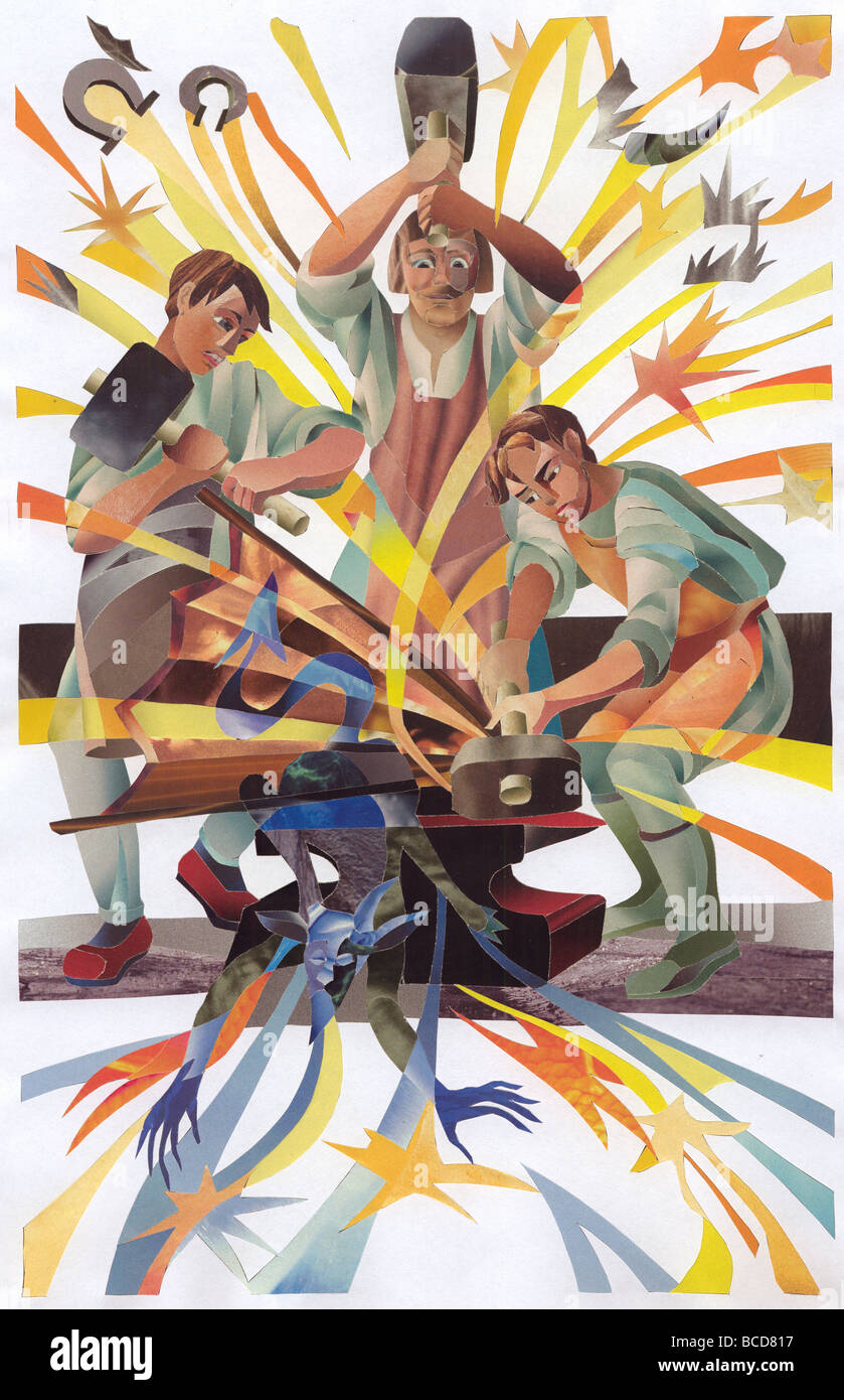 three passionate blacksmiths beating evil blue devil with their big ...