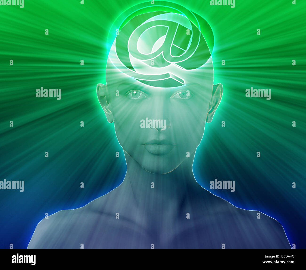 Woman thinking about at internet symbol floating on her head Stock ...