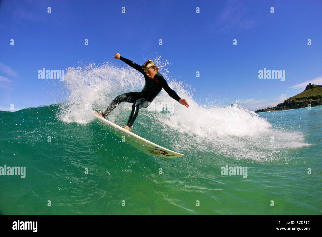 British surfer Jayce Robinson surfing at his local surf break in ...