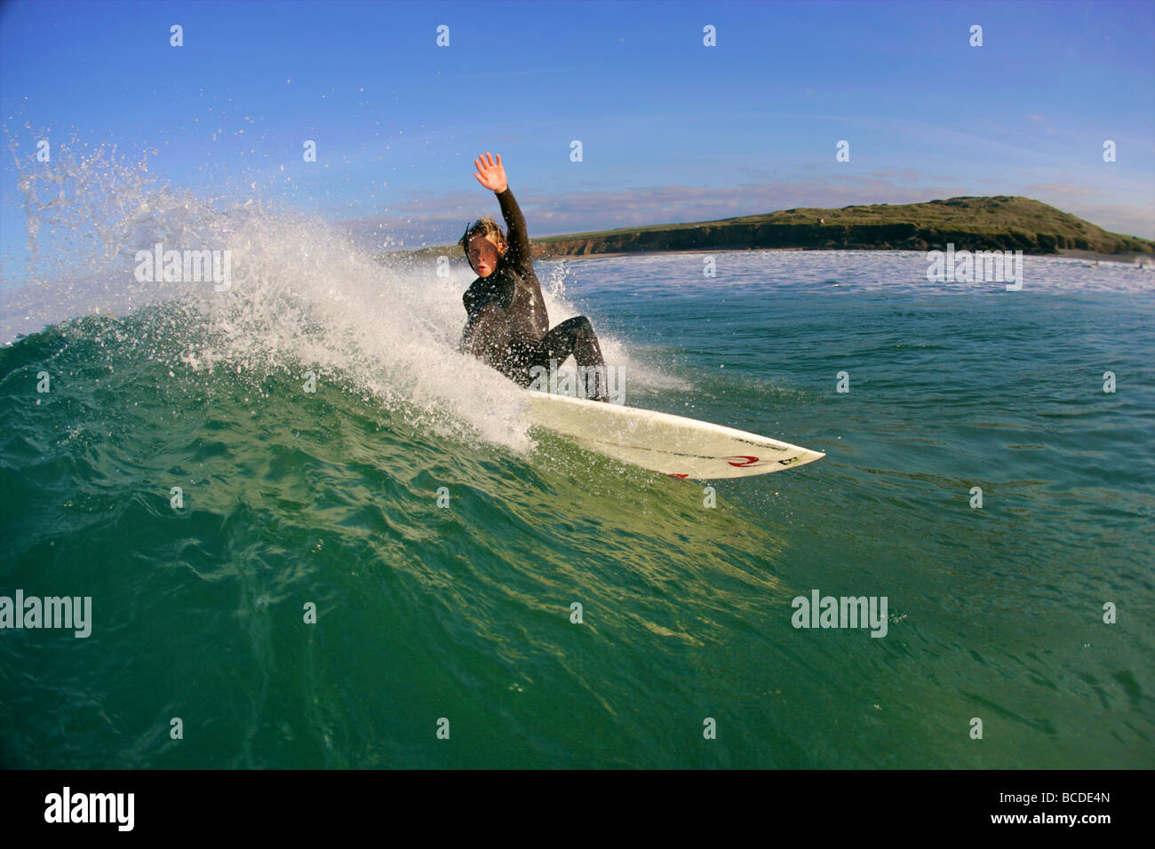 British surfer Jayce Robinson surfing at his local surf break in ...