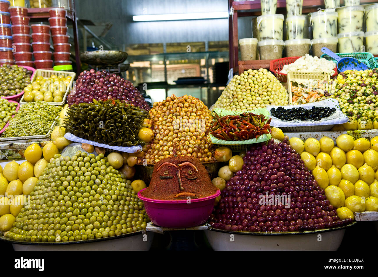 Tasty Moroccan olives sold in every market bazaar in Morocco Stock ...