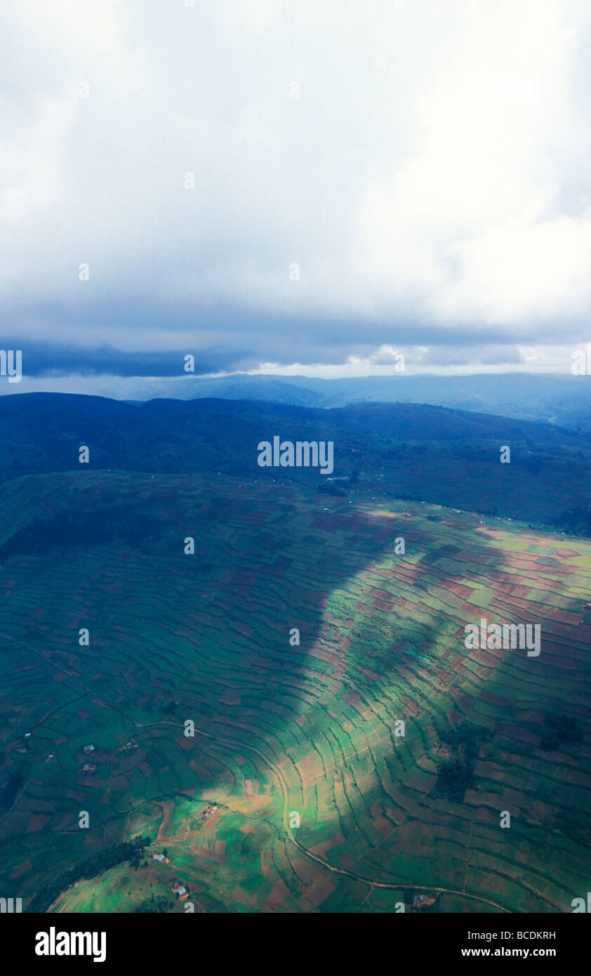 Lush green agricultural farmland on the slopes of an extinct volcano ...