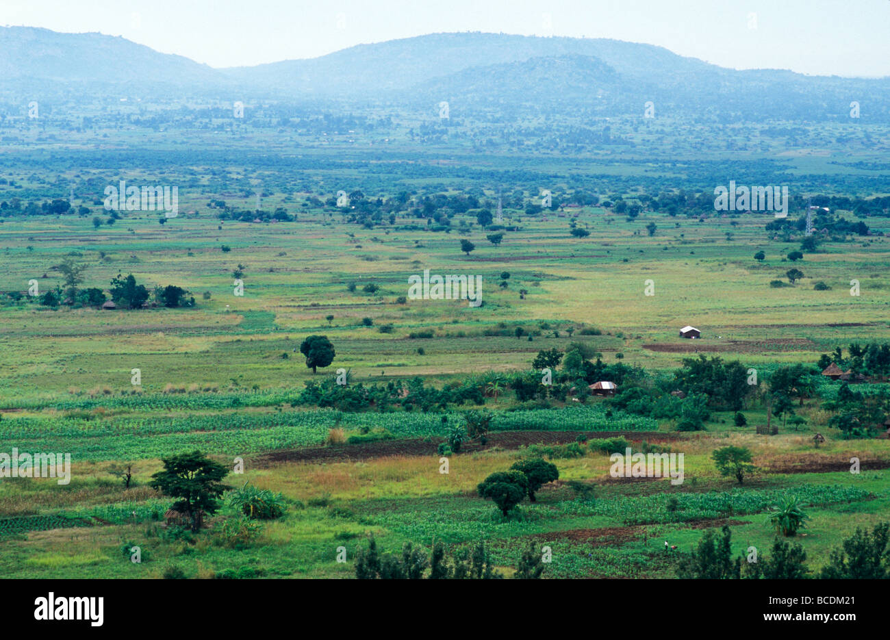 An aerial view of African farmland, crops and rustic village huts Stock ...