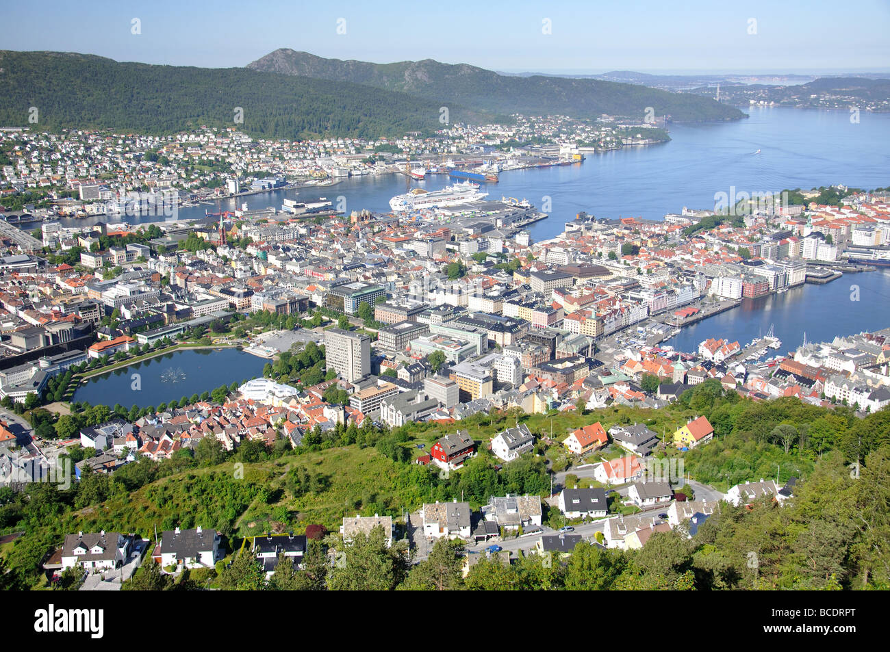City view from Mount Fløyen, Fløibanen Funicular Railway, Bergen ...