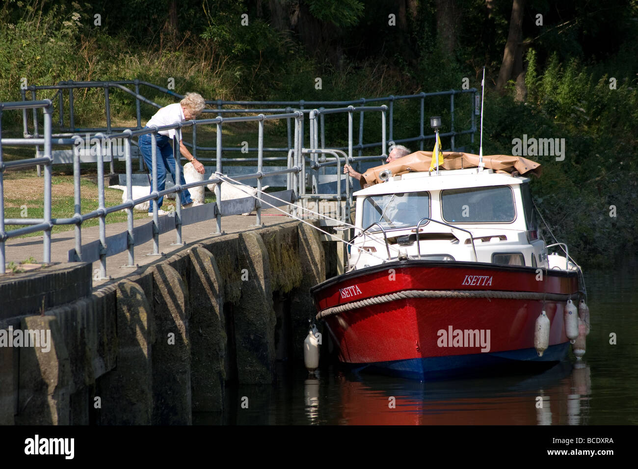 leisure boating Allington Lock River Medway Maidstone Kent England UK ...