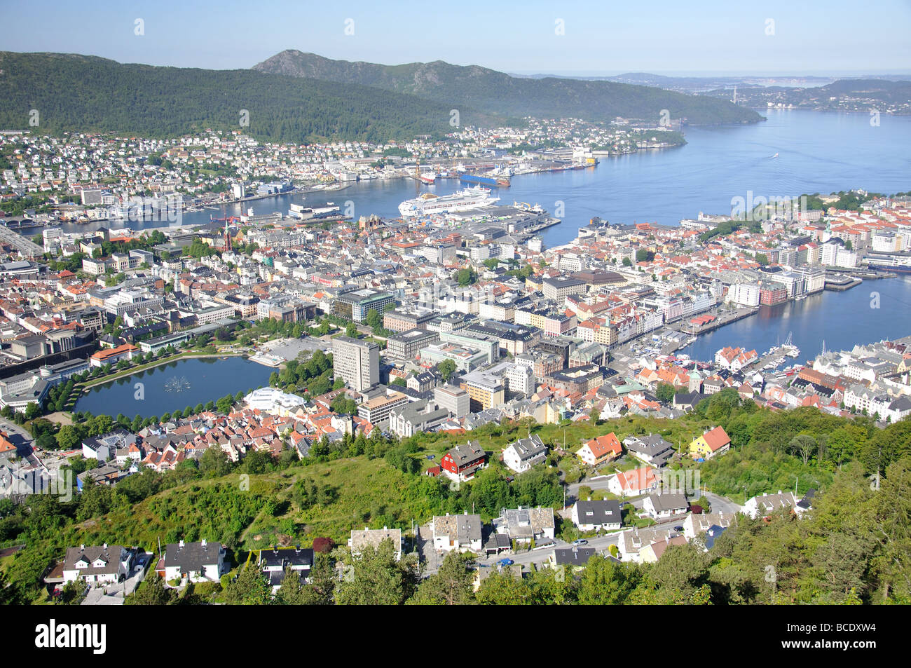 City view from Mount Fløyen, Fløibanen Funicular Railway, Bergen ...
