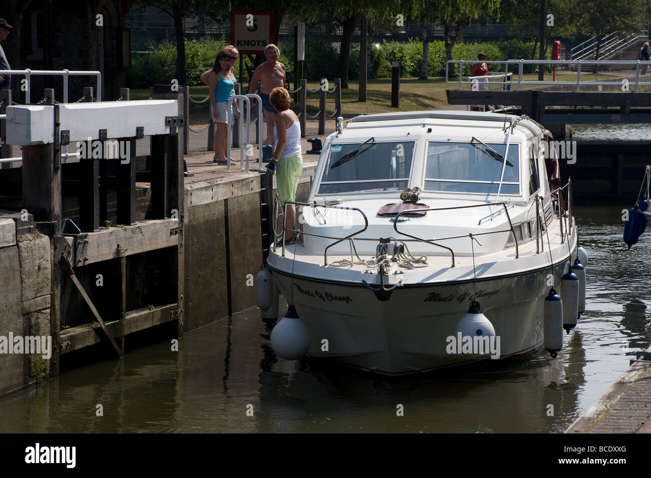 leisure boating Allington Lock River Medway Maidstone Kent England UK ...