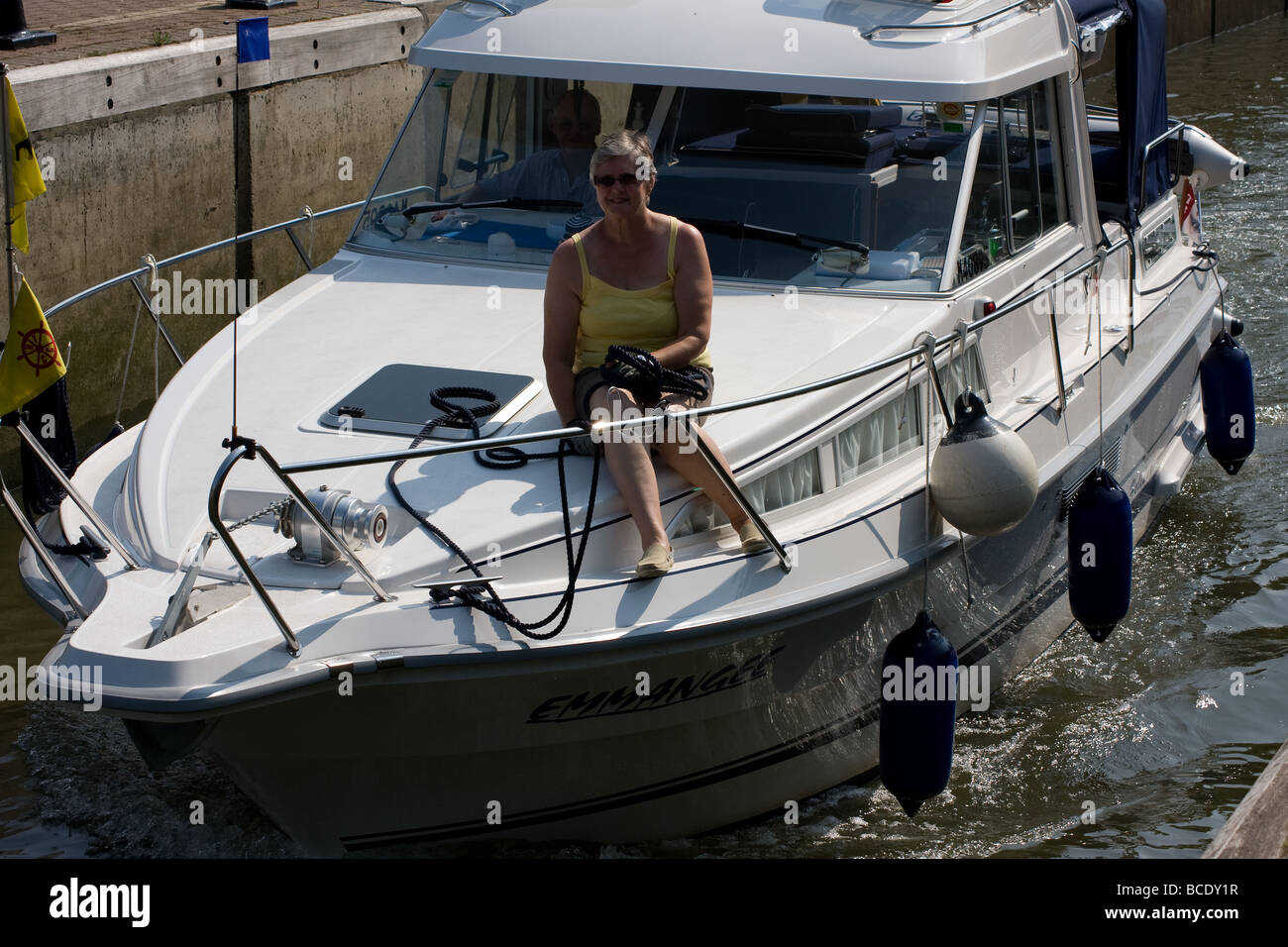 leisure boating Allington Lock River Medway Maidstone Kent England UK ...