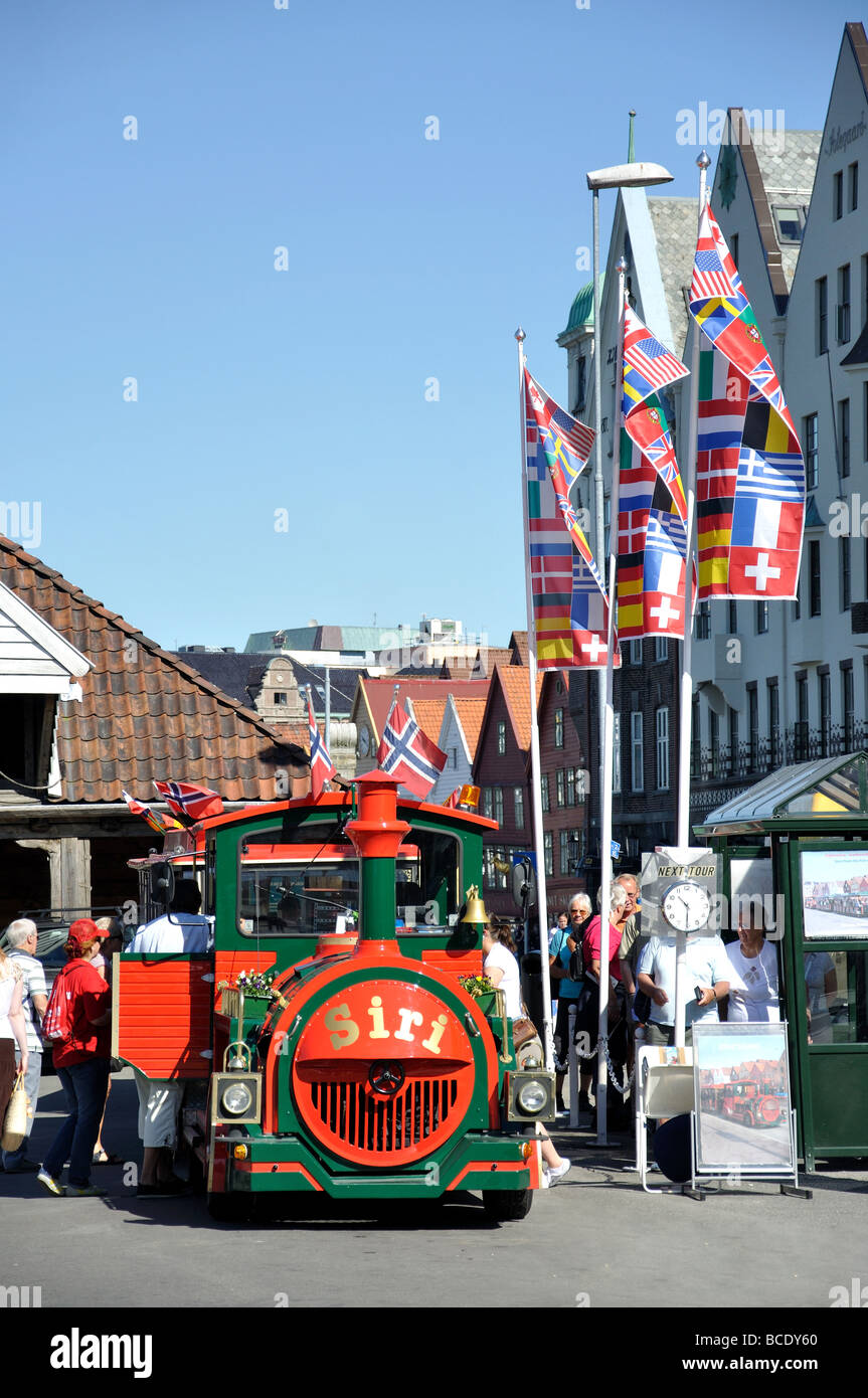 City sightseeing tour train on waterfront, Bergen, Hordaland, Norway ...