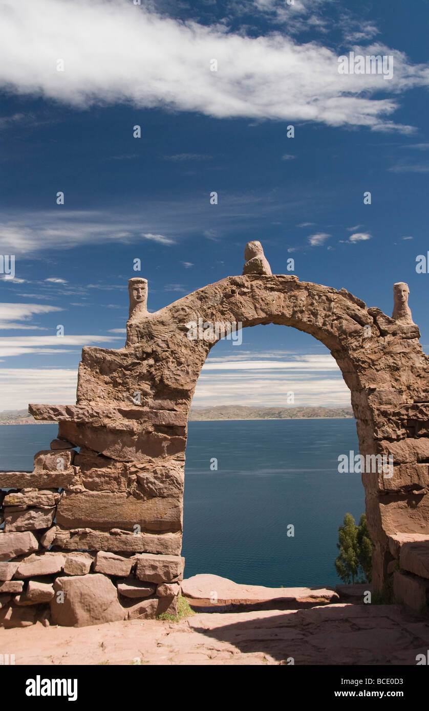 Peru Lake Titicaca the island of Taquile the stone entrance gate to the ...
