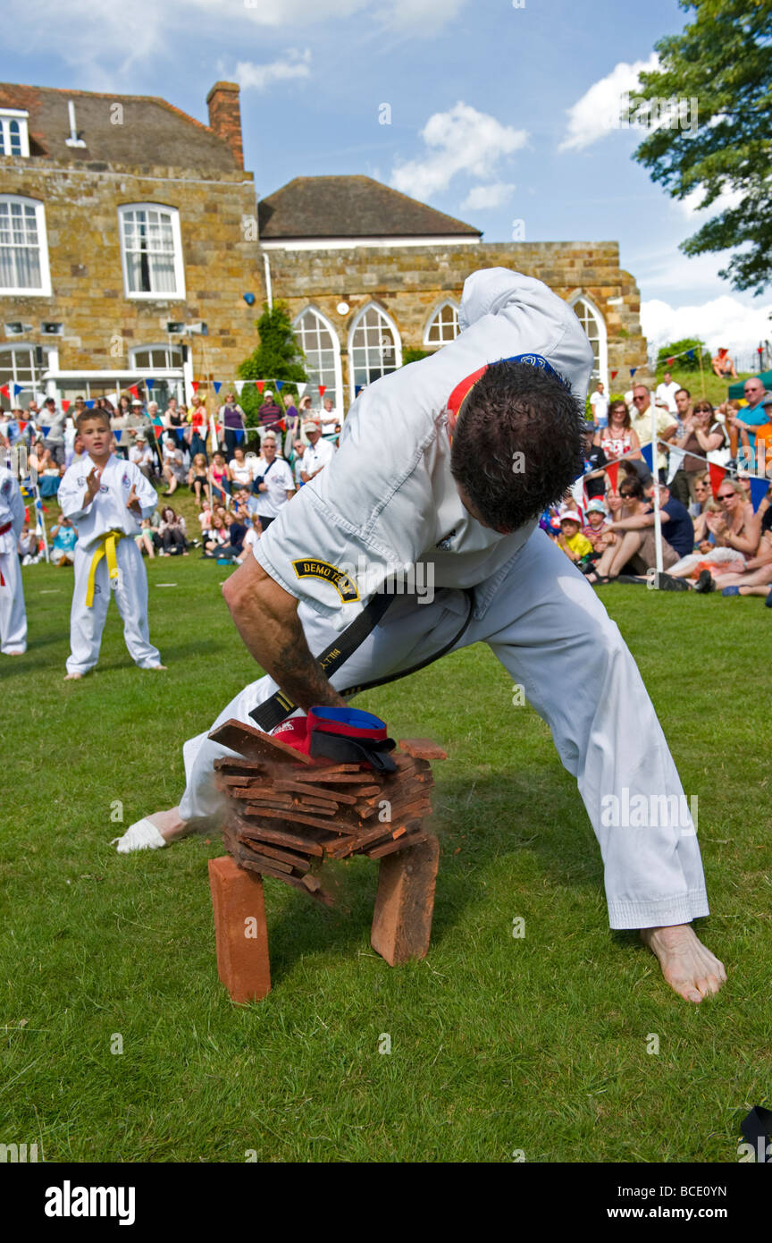 A participant smashes tiles with a forefist punch during a taekwondo ...