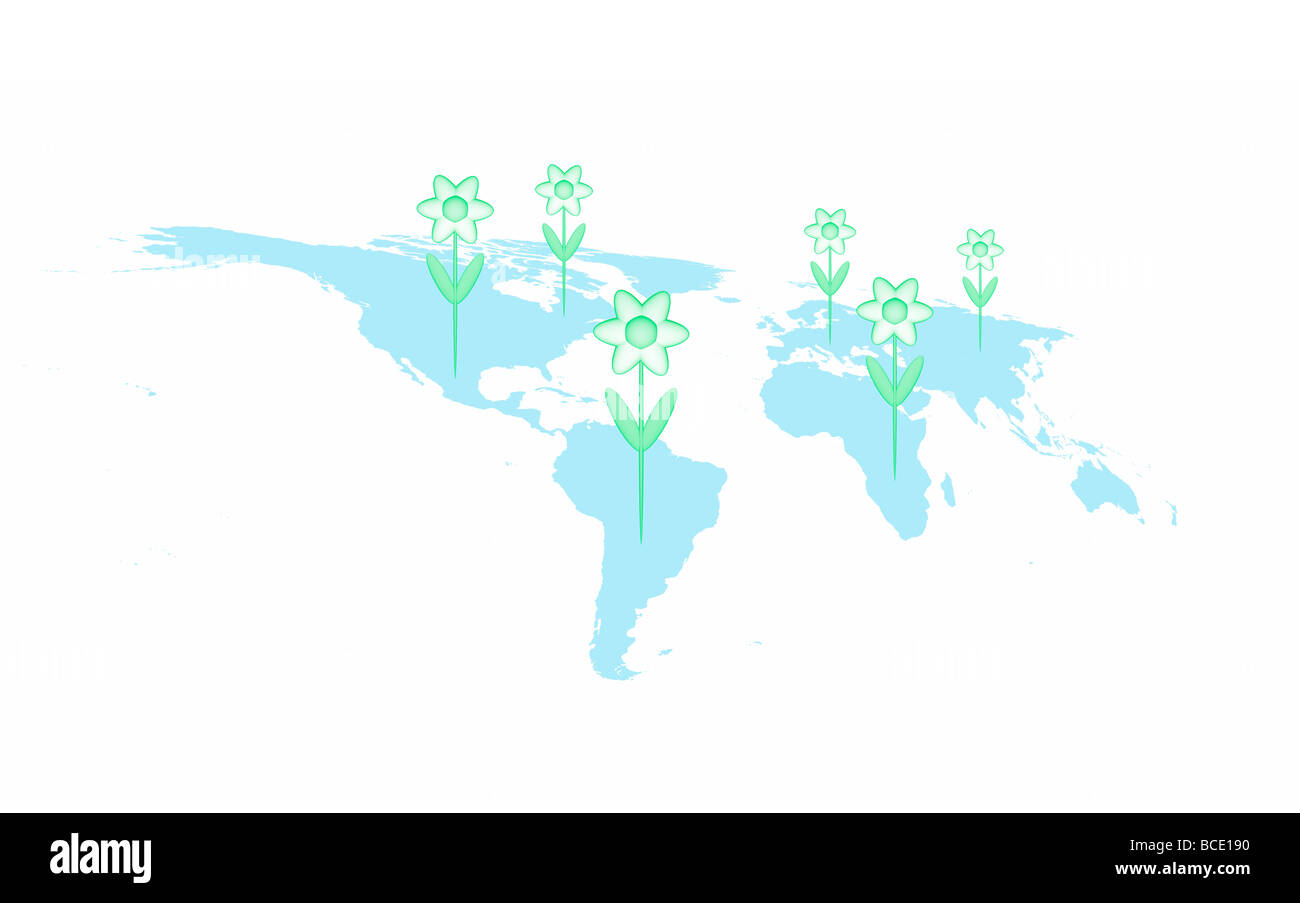 Light blue world map with flowers Stock Photo - Alamy