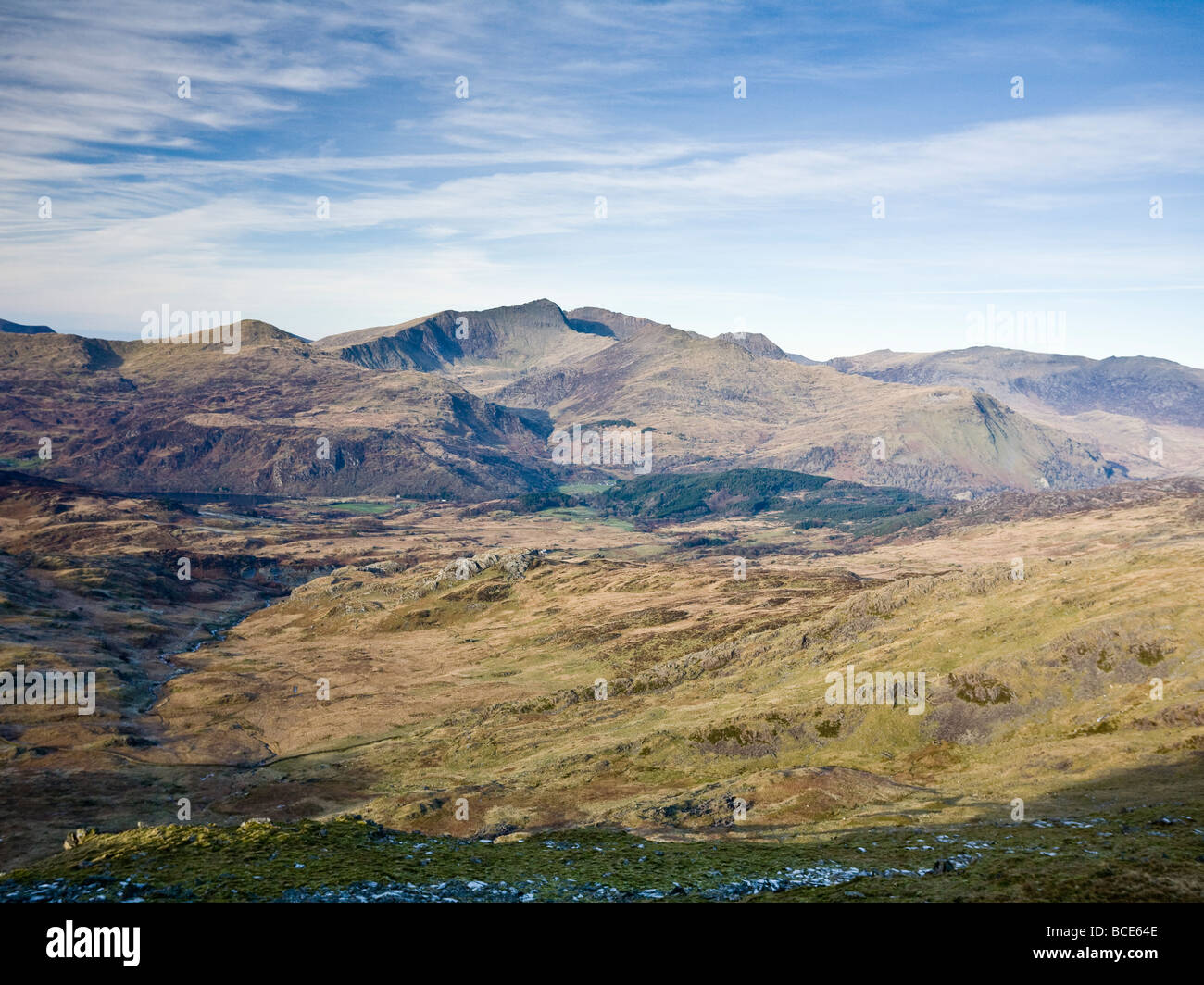 View of Mount Snowdon or Yr Wyddfa showing the south ridge Snowdonia ...