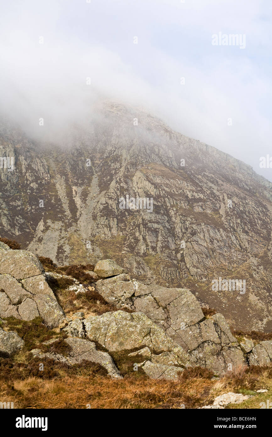 Moel Siabod shrouded in cloud from Daear Ddu ridge Snowdonia Wales ...
