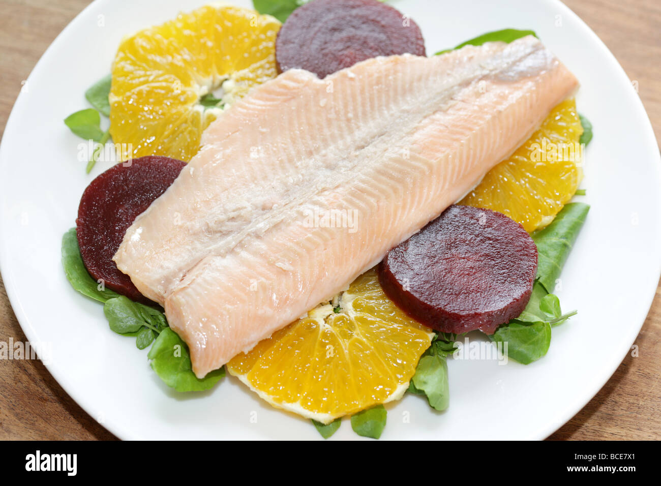 Trout Orange and Beetroot Salad Stock Photo - Alamy