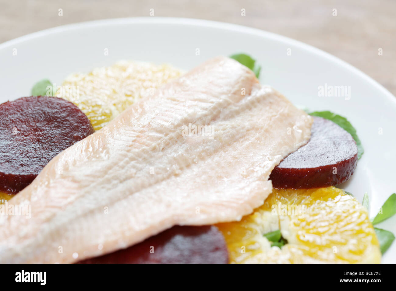 Trout Orange and Beetroot Salad Stock Photo - Alamy