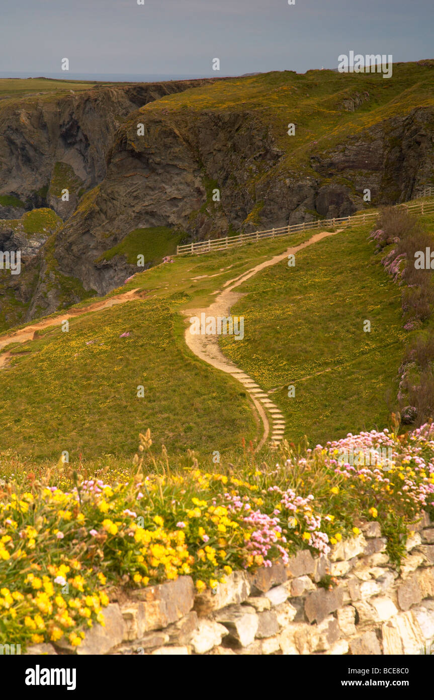 Coastal path snaking up over the cliffs at Bedruthan Steps in Cornwall ...