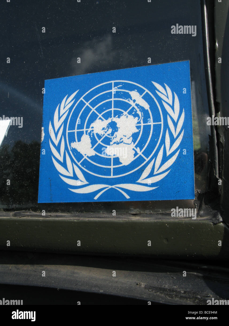 united nations flag sticker on truck lorry window Stock Photo - Alamy