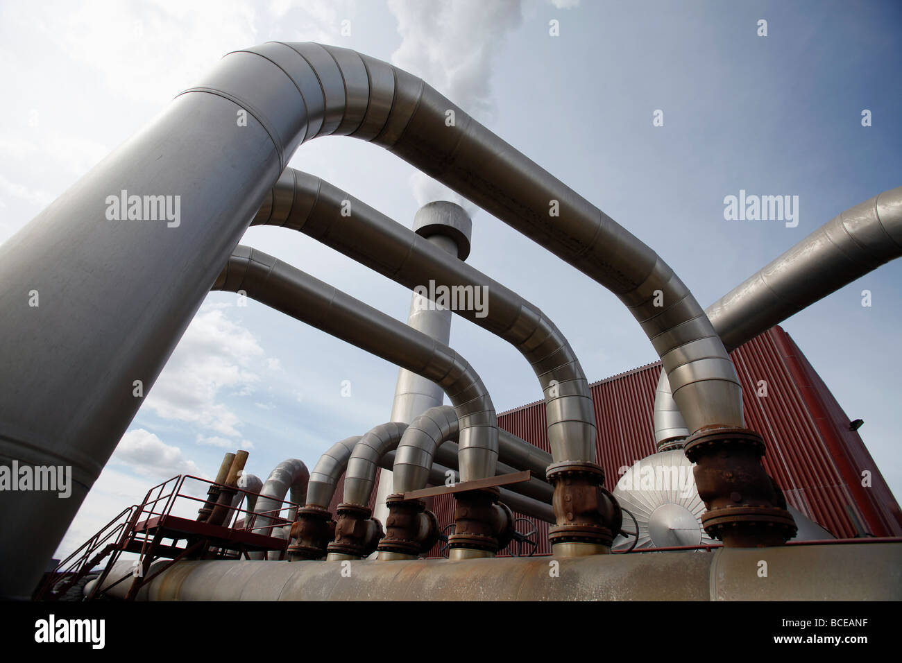 Pipes carry pressurized steam and water from boreholes to the separator ...