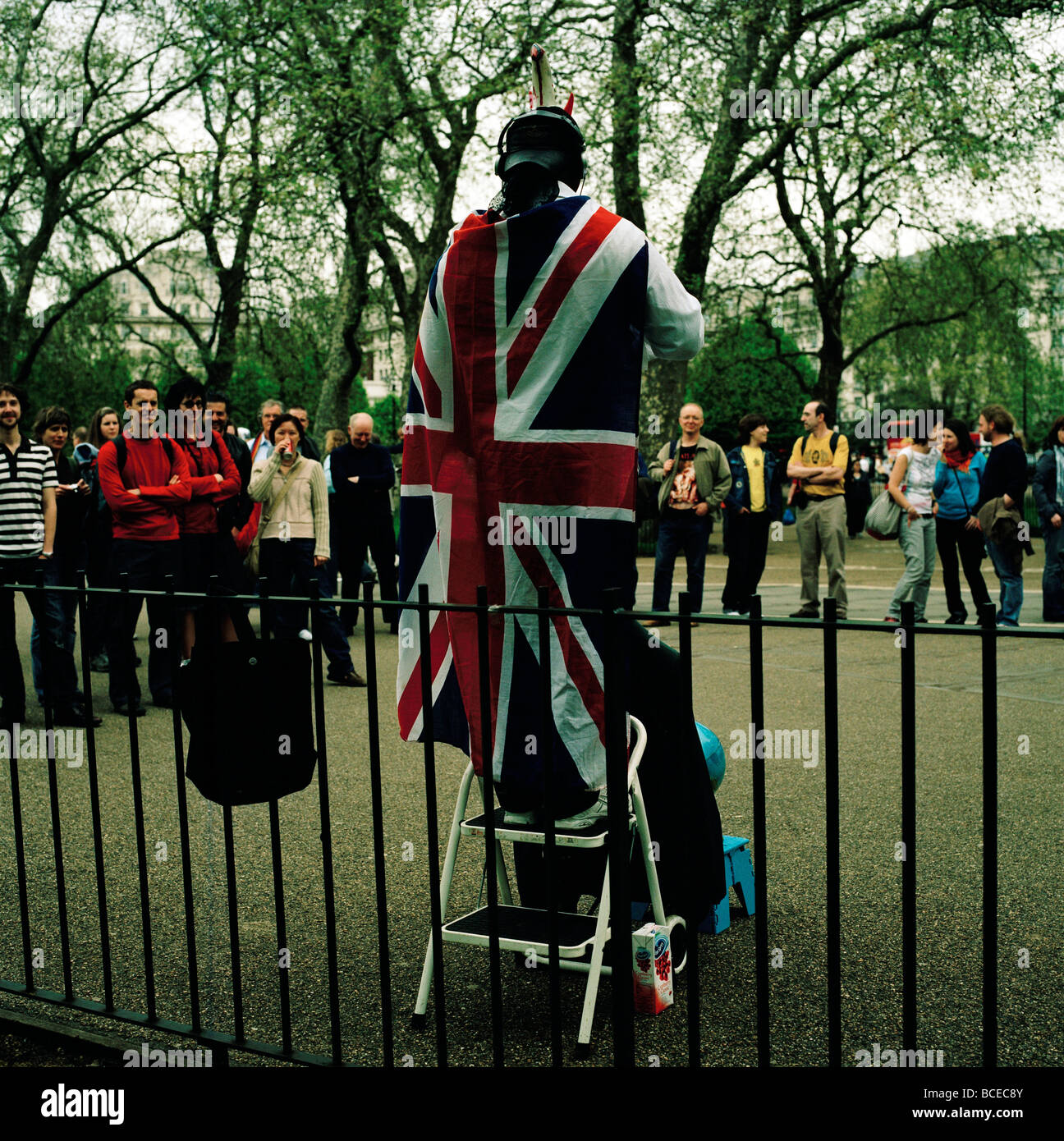 Man draped in a Union Flag at Speakers' Corner, Hyde Park, London Stock ...